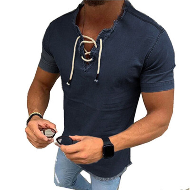 Zomer Mannen Tie V-hals Denim Shirt Denim Top – Vicedeal