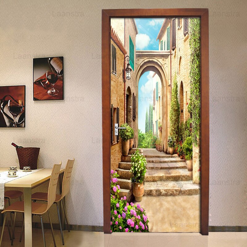 European Town Street View 3D Door Stickers PVC Wat... – Grandado