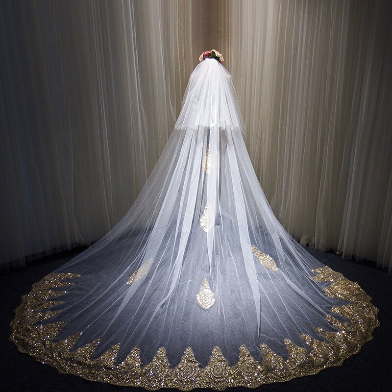 Shining Gold Lace Edge Long 3 Meters Cathedral Wed... – Grandado