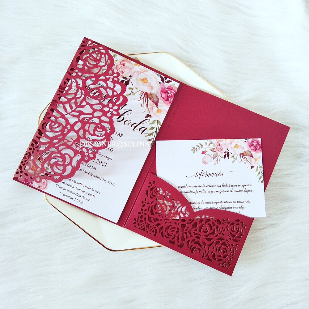 Burgundy Flower Print Wedding Invitation With Info... – Vicedeal