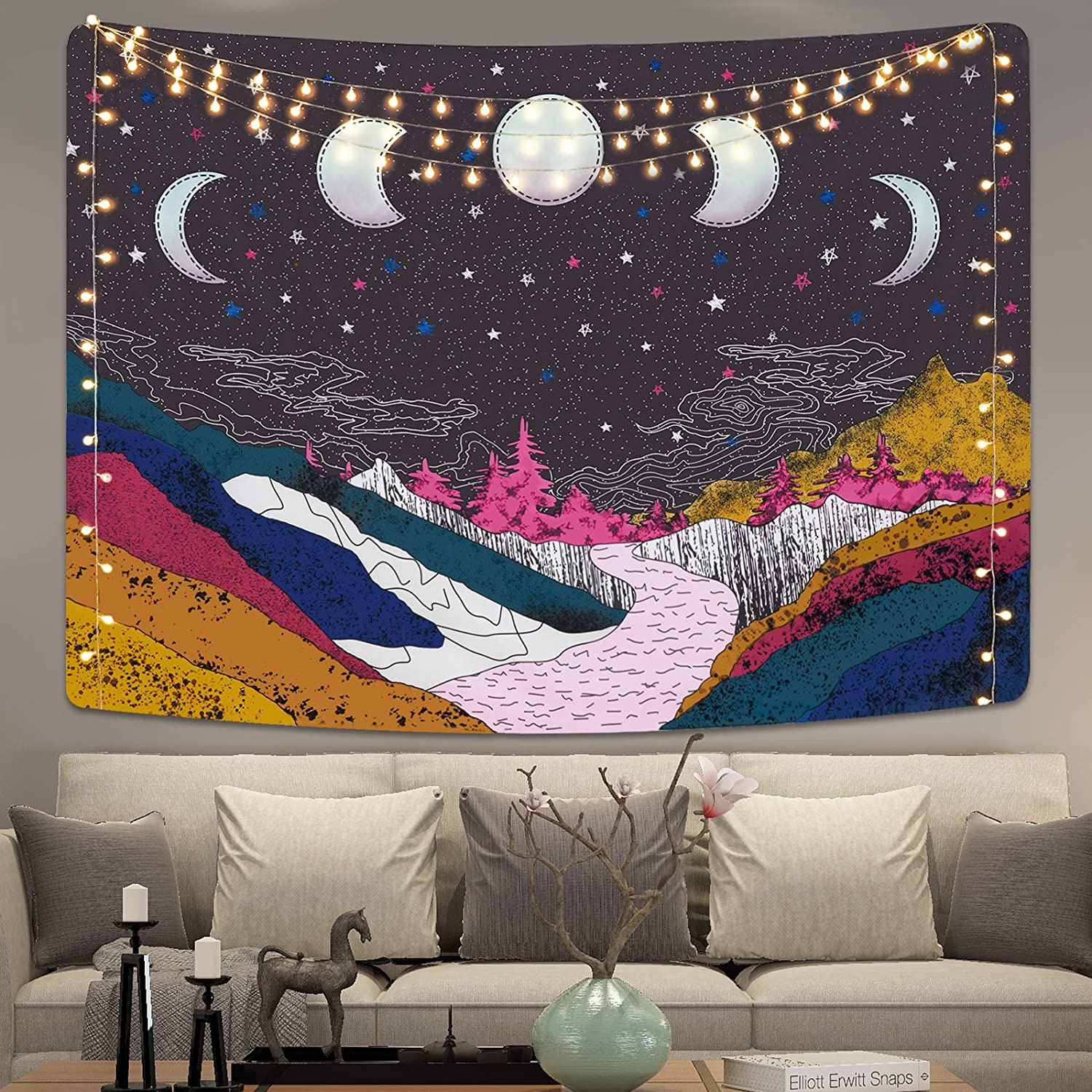 Tapiz de montaña, fase lunar, colgante de pared, n... – Grandado
