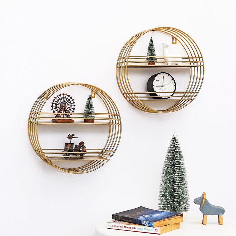 Round Gold Iron Storage Racks Wall Mounted Home De... – Grandado