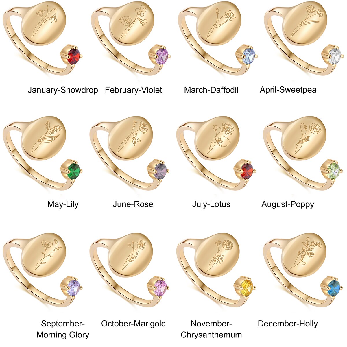 12 Month Birth Flower Signet Rings For Women Men b... – Grandado