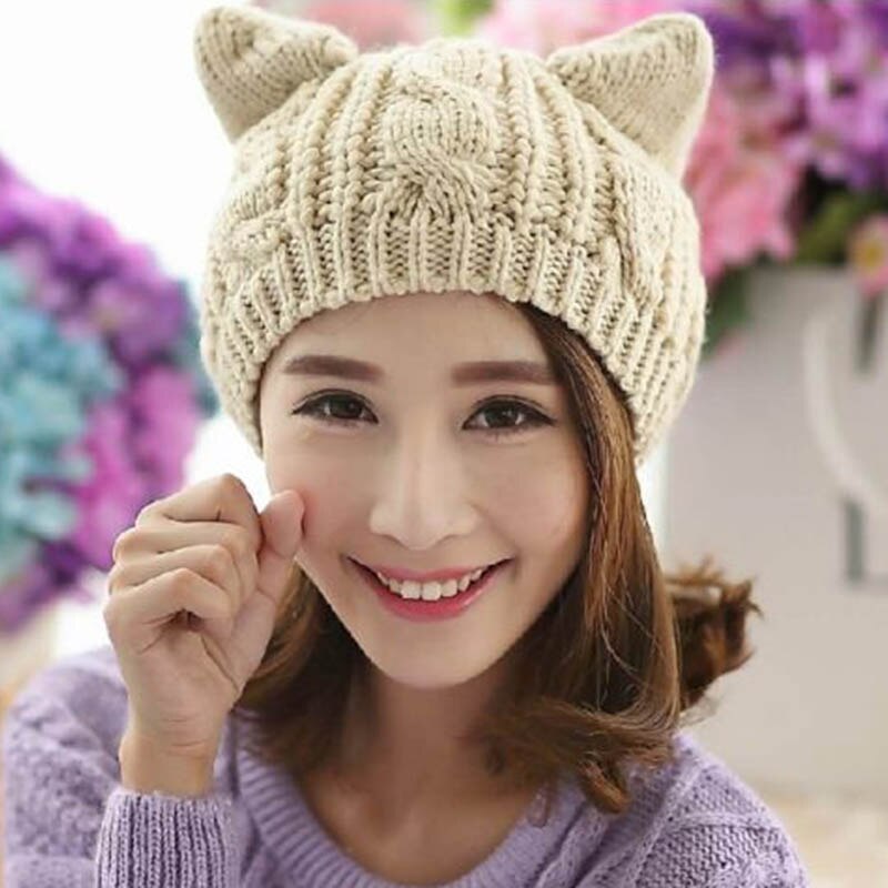 Lady Girls Winter Warm Knitting Wool Cat Ear Beani... – Grandado