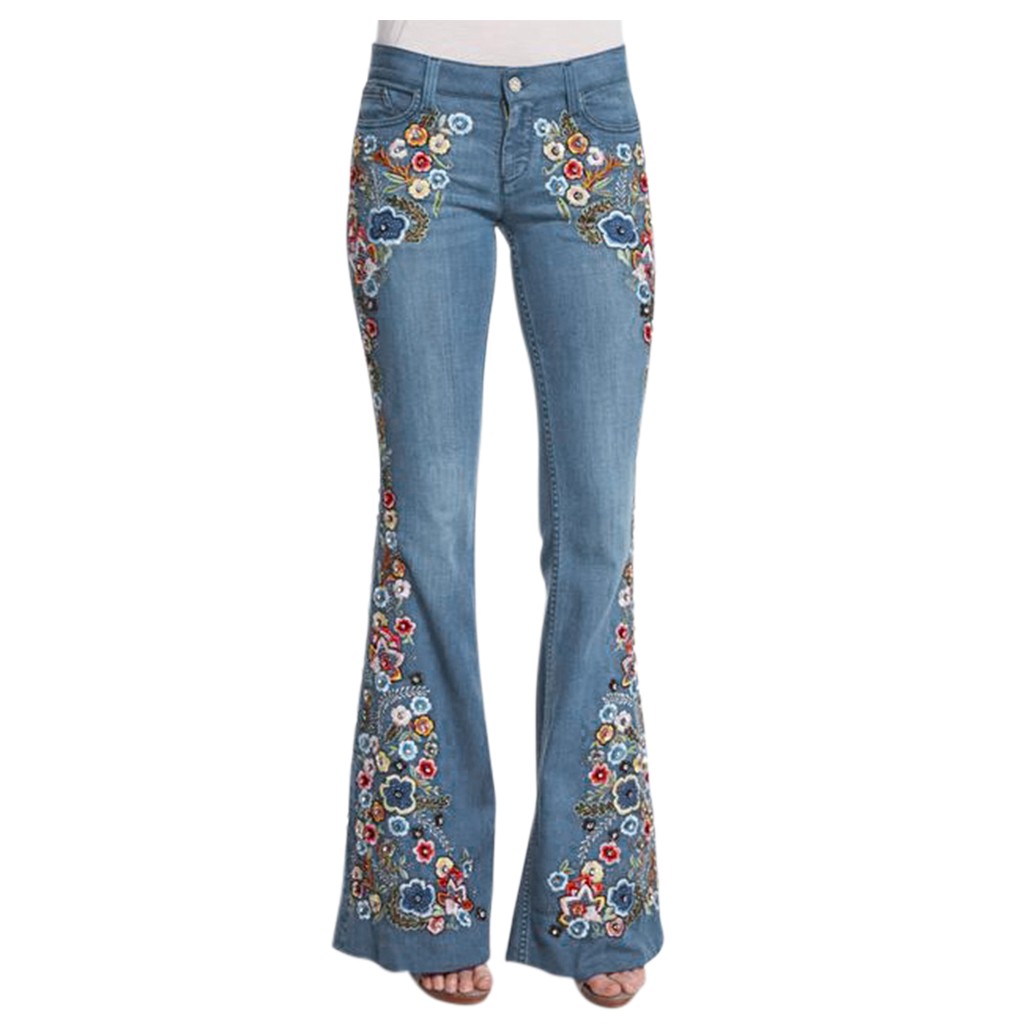 Frauen Stickerei Blumen Destoryed Flare Jeans Tast... – Vicedeal