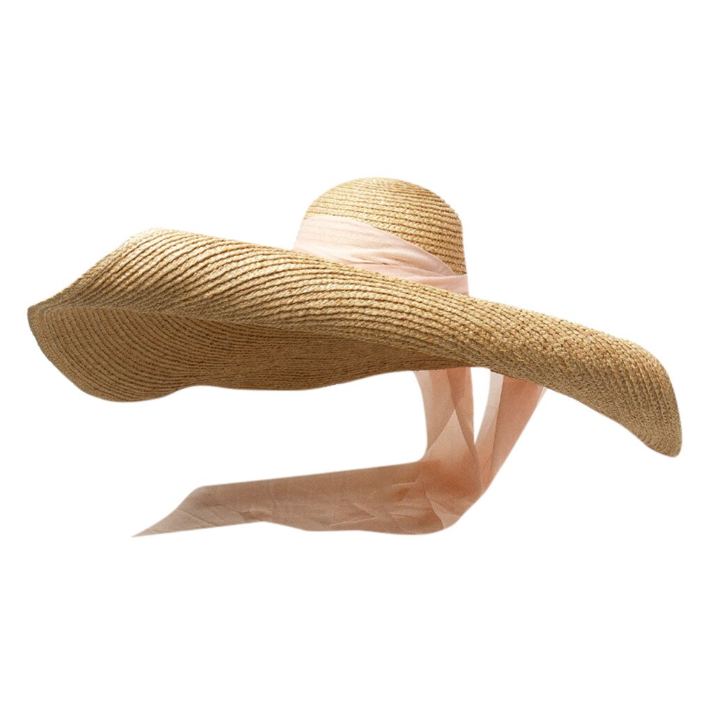 Women Natural Large Wheat Straw Lace up Hat Ribbon... – Vicedeal