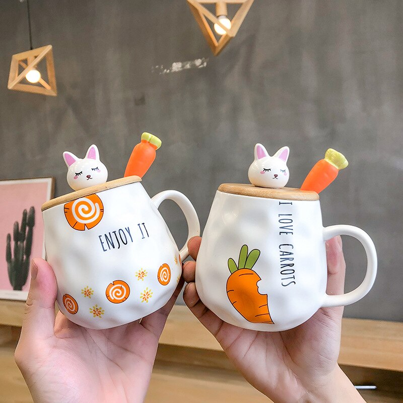 400ML Cartoon Ceramic Mug Turnip Rabbit Wooden Lid... – Vicedeal