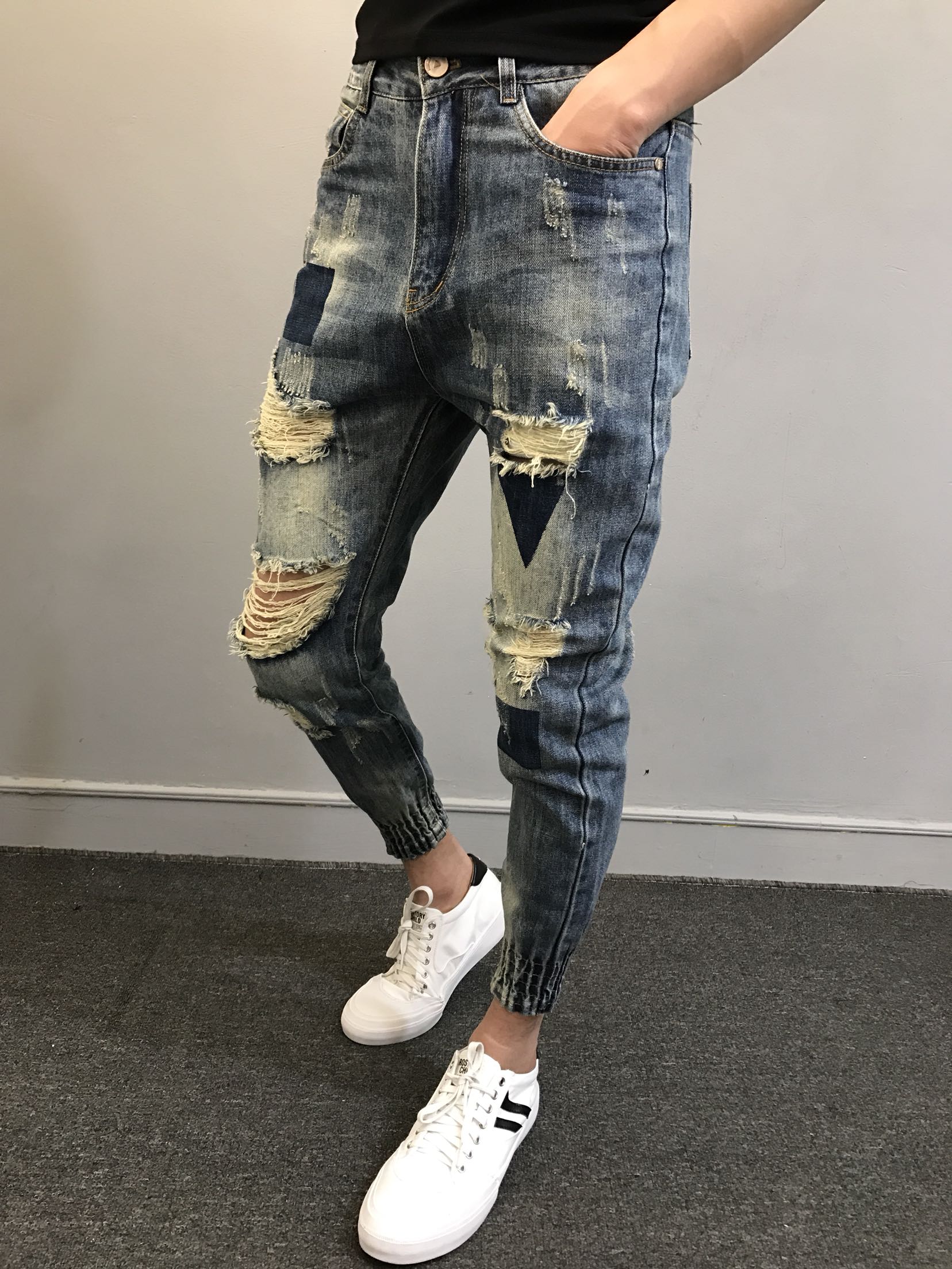 Ripped hole street Social people jeans men's spiri... – Grandado
