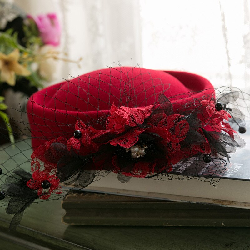 Vintage Red Pure Wool Fedora Cap Women Mesh Flower... – Grandado