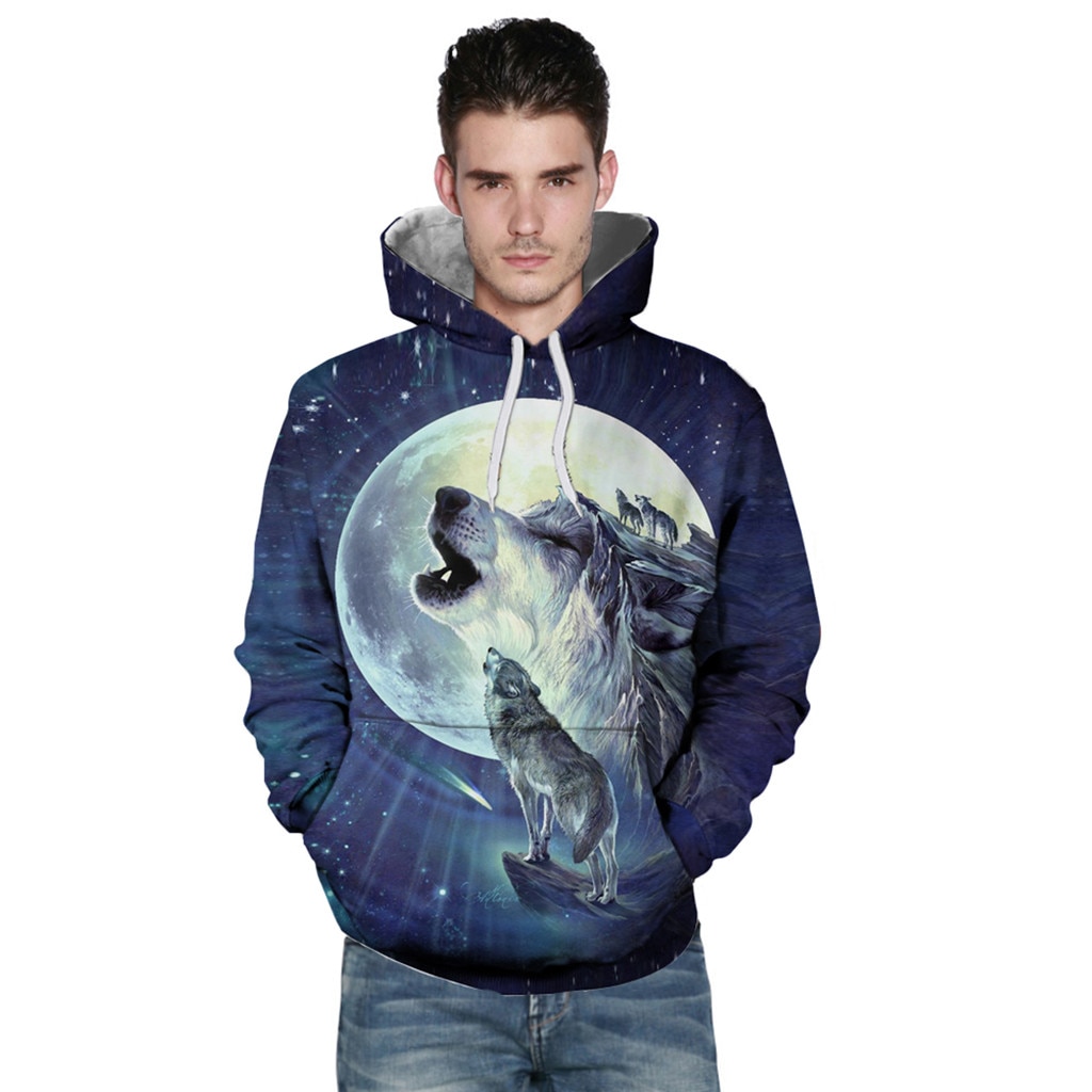 CHAMSGEND Men's 3D Wolf Print Long Sleeve Hoodie S... – Vicedeal