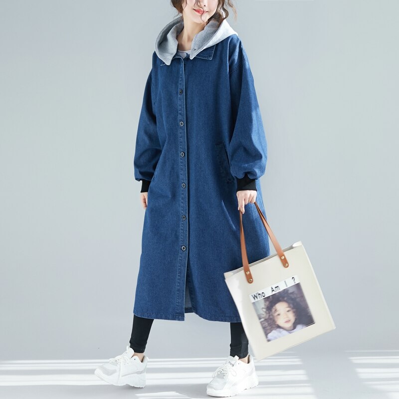 Loose Casual Removable Hoodie Denim Trench Coat Tr... – Grandado