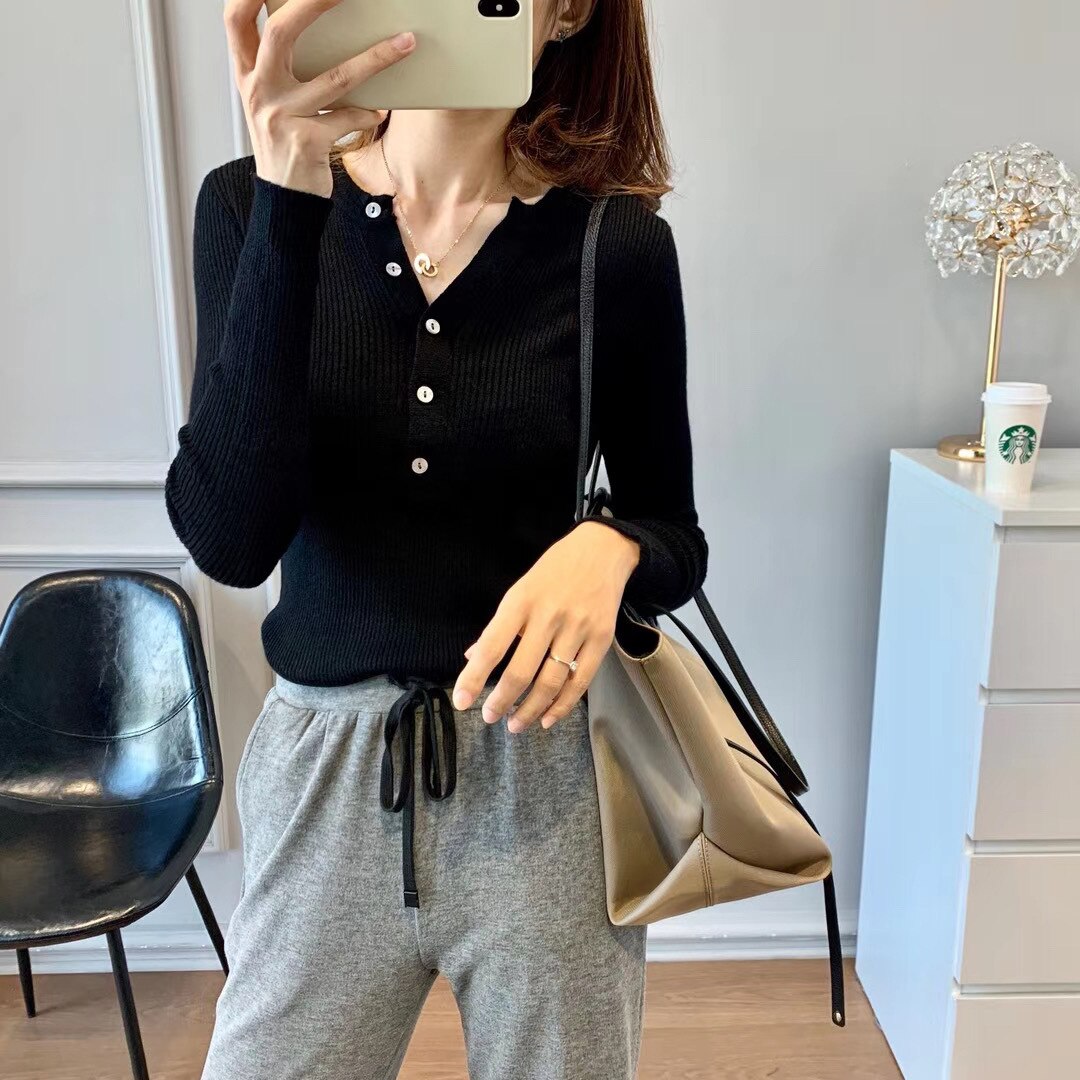 Wool Henley Sweater Rib Knitted Sweaters Women Bas... – Vicedeal