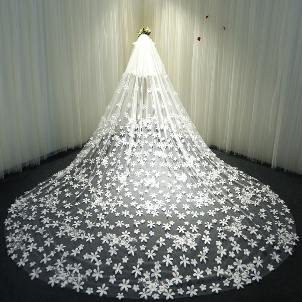 Velo de novia con flores 3D, velo de novia largo 1... – Grandado