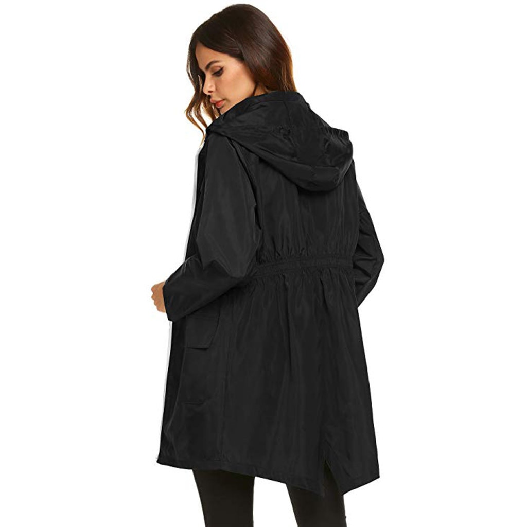 Frauen Einfarbig Schwarz Lange Regenmantel Regen J... – Vicedeal