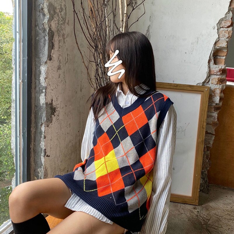Korean Institute Wind Argyle Print Knit Sweater Ve... – Grandado
