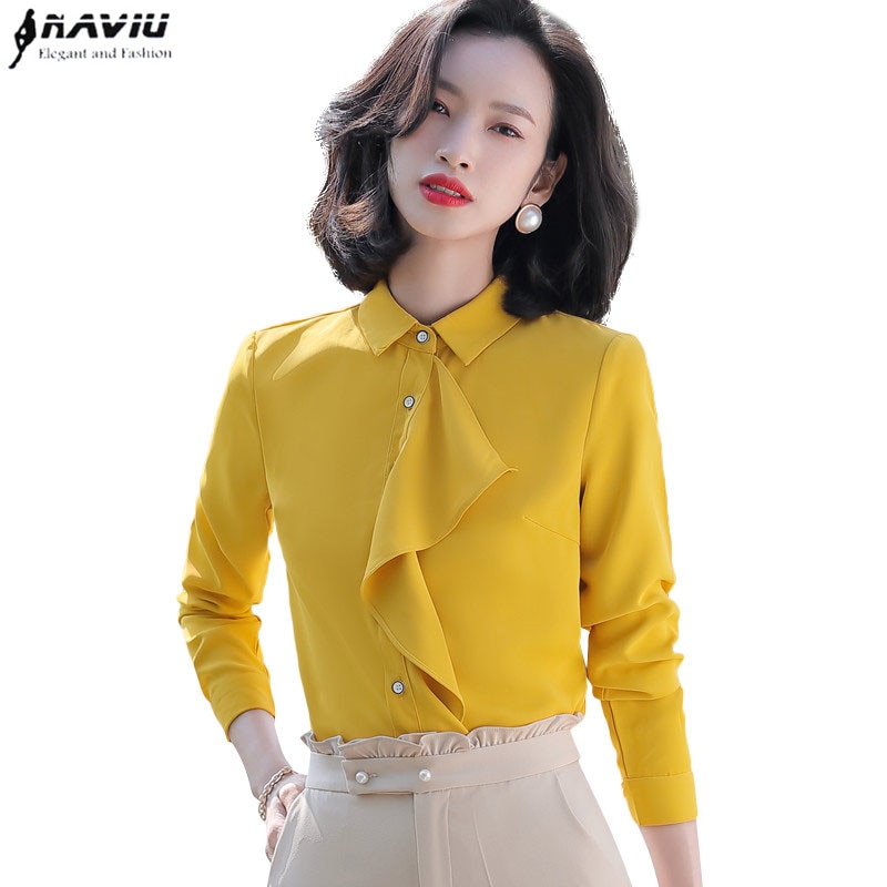 Yellow Chiffon Shirt Women Spring Formal Long Slee... – Grandado