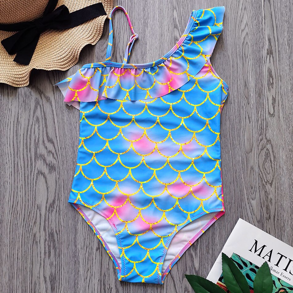 Fish Scale Girl Swimsuit Kids One Piece Ruffle Two... – Vicedeal