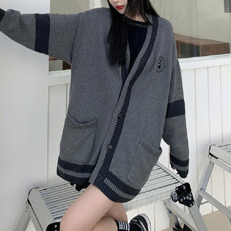 Deeptown Korean Style Grey Solid Cardigan Sweater ... – Grandado