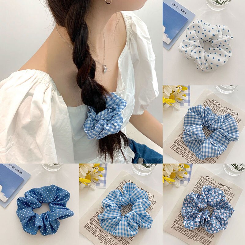 1PC Blue Series Scrunchies Ponytail Holder Polka D... – Grandado