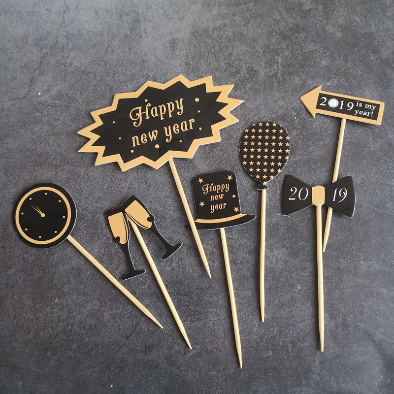 Black Gold Happy Year Flag Cake Topper Dessert Tab... – Grandado