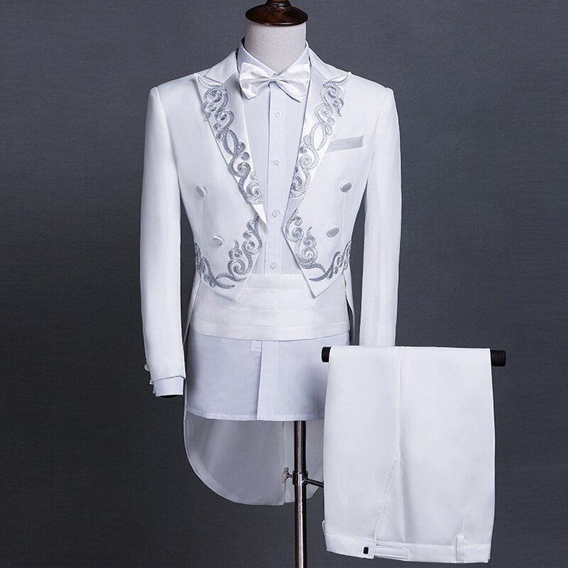 White Tailcoat Men Wedding Grooms Embroidered Suit... – Vicedeal