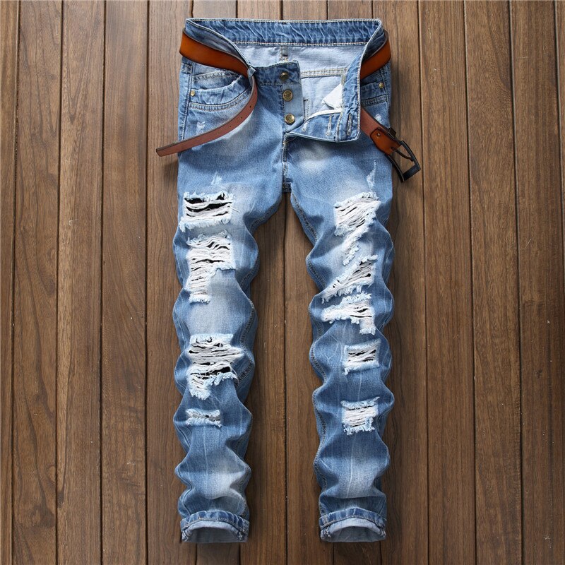Men's vintage light blue holes ripped biker jeans ... – Grandado