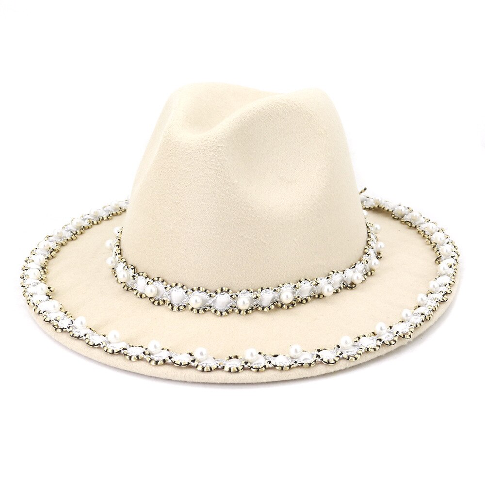 Handmade Pearls Decoration Felt Wool Wide Brim Top... – Grandado