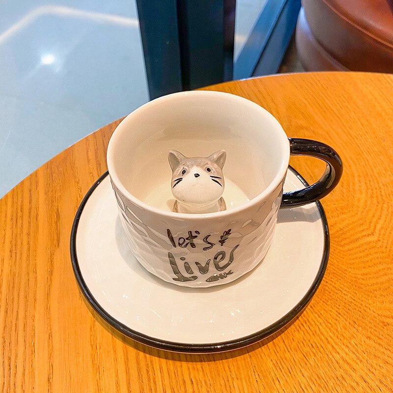 Cartoon Cup cat coffee cup plate Cute ceramic cup ... – Grandado