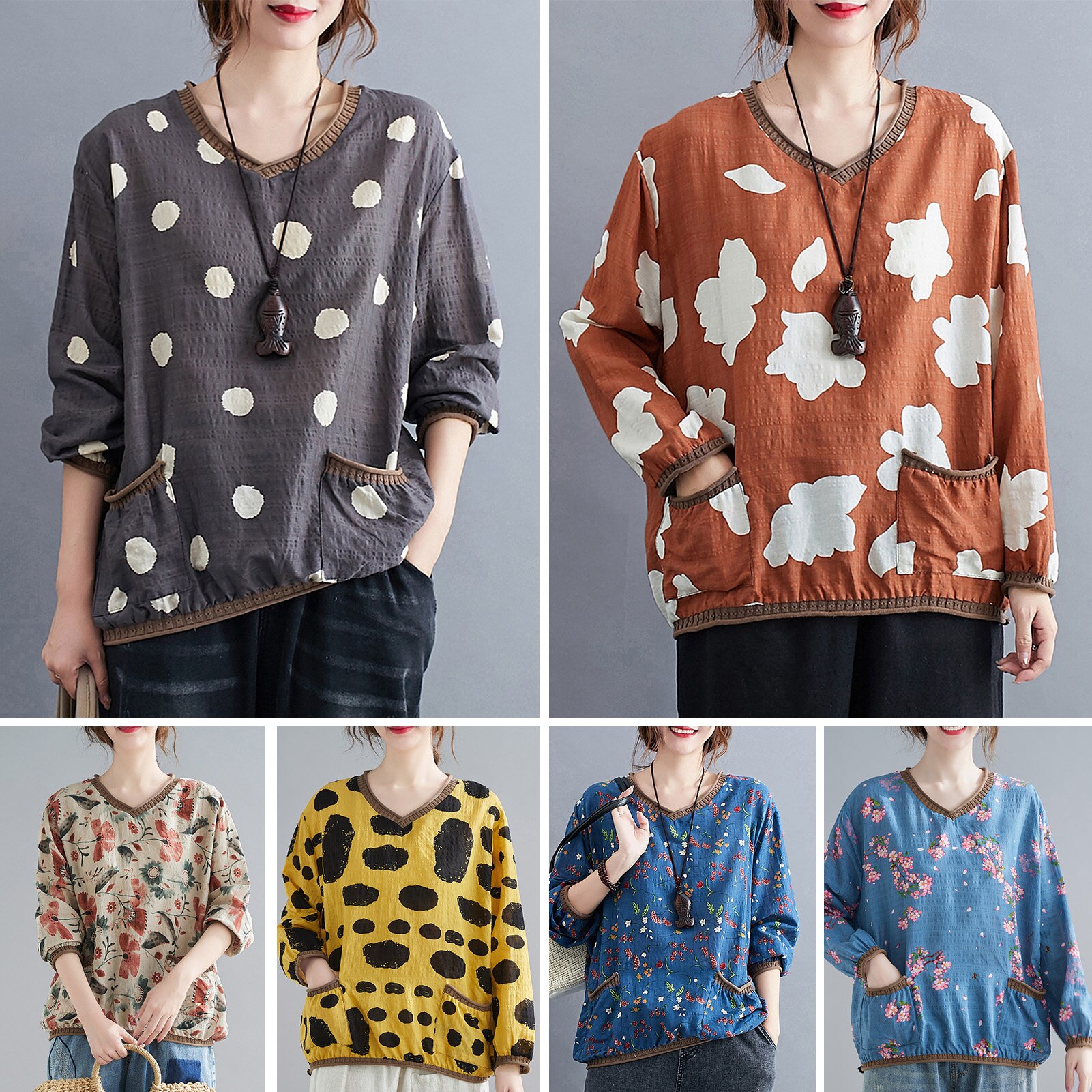 Vrouwen Lente Losse Blouse Bloemen Dot Print Gebre Grandado