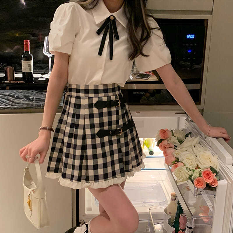 Houzhou Kawaii Plaid Skirt Women Korean High Waist Grandado 9138