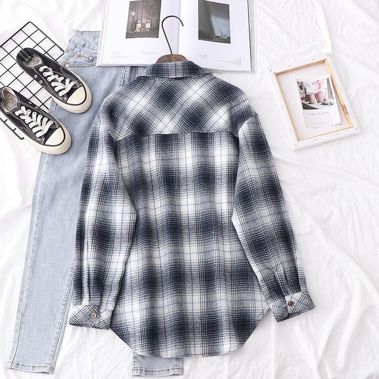 HSA Autumn Spring Plaid Flannel Shirt Women Blouse... – Grandado