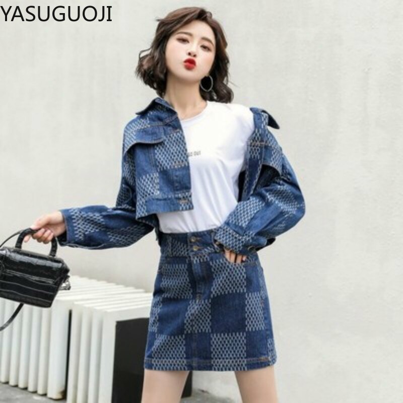YASUGUOJI Women Denim Jacket Coat + Mini Jean Skir... – Grandado