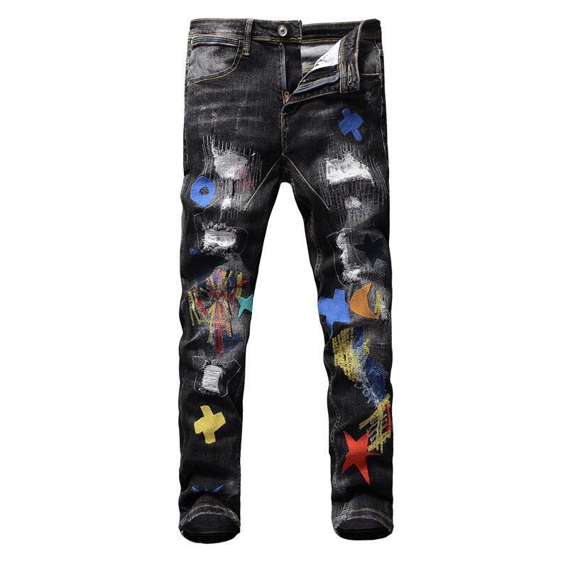 Streetwear Men Jeans Embroidery Patches Slim Fit R... – Grandado