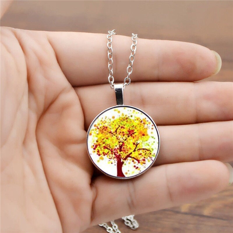 Yellow tree of life Art Photo Jewelry Set Glass Pe... – Grandado