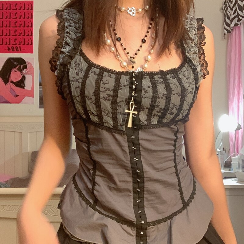 Harajuku Lace Trim Hook Button Crop Top Vintage Y2... – Grandado