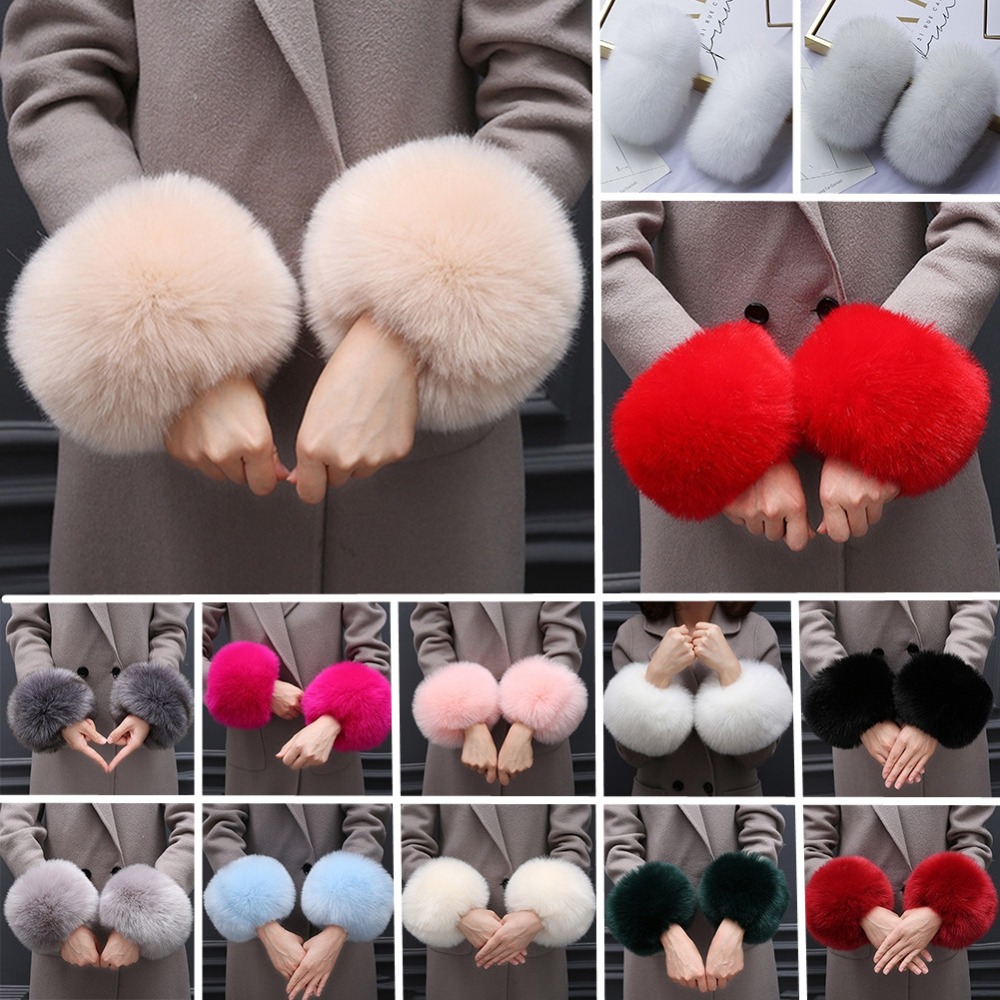 1 Pair Solid Color Winter Warm Faux Fox Fur Wrist ... – Grandado