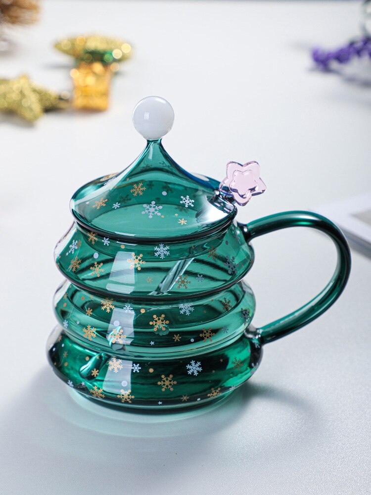 Christmas Tree Glass Cup Cute With Spoon Lid Coffe... – Grandado