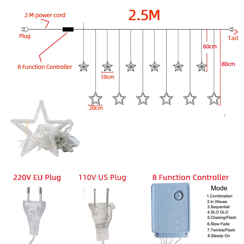 220V Curtain LED String Light Fairy Icicle 2.5M Star Christmas Garland ...