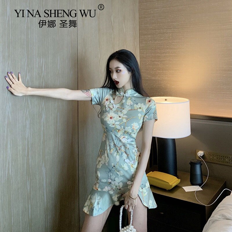 Cheongsam Women Flowers Print Slim Dress Mandarin ... – Vicedeal
