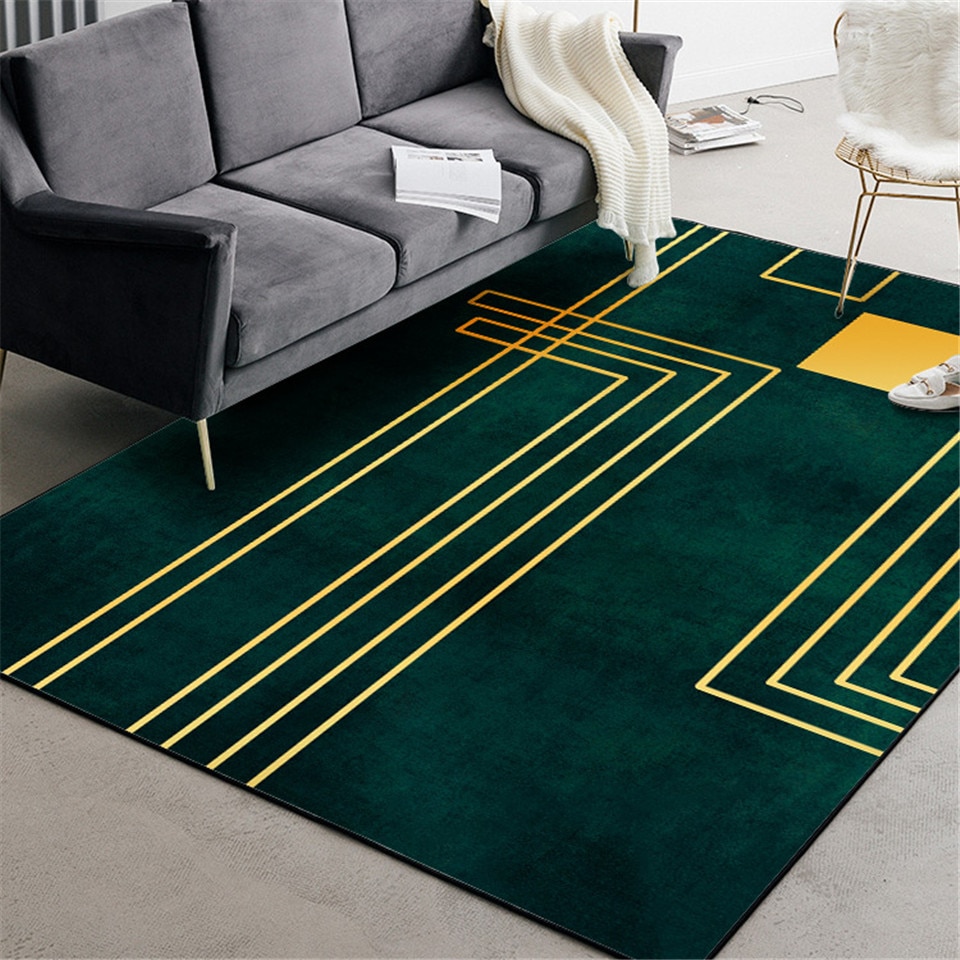 Noords luxe groen tapijt met gouden geometrische l... – Vicedeal
