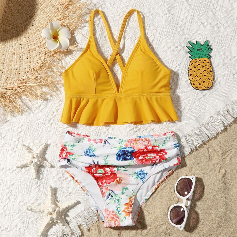 Ruffle Trim Girl Swimsuit Kids Ruched High Waist B... – Grandado