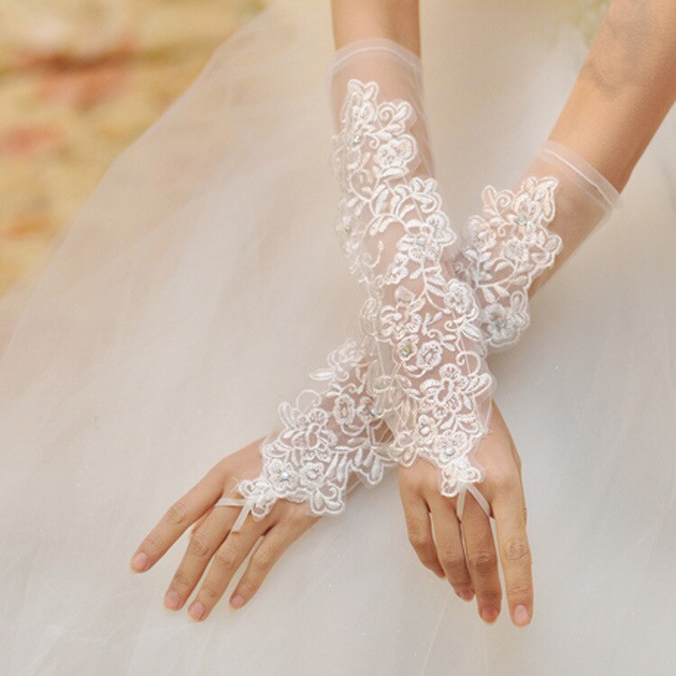 Flowers White Bridal Gloves Opera Lenght Fingerles... – Grandado