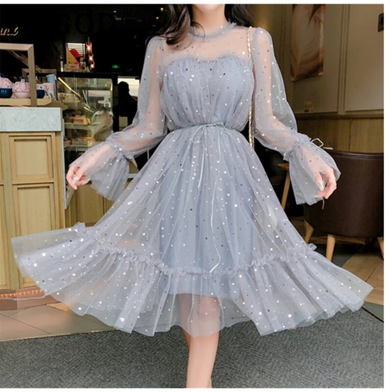 Spring Autumn Female O-neck Stars Sequined Mesh Sh... – Vicedeal
