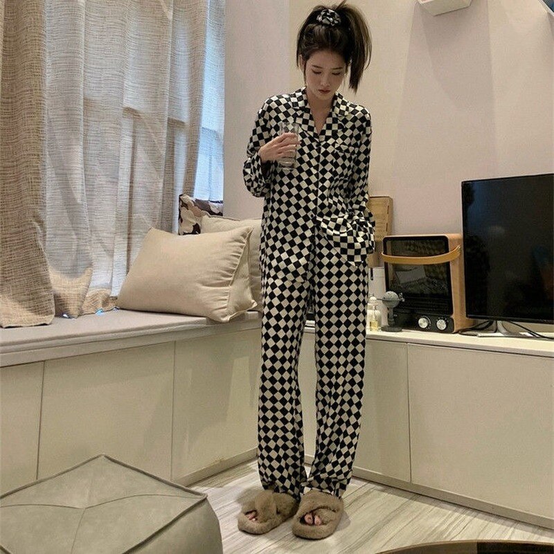 QWEEK Women Pajamas Black and White Grid Pijamas S... – Vicedeal