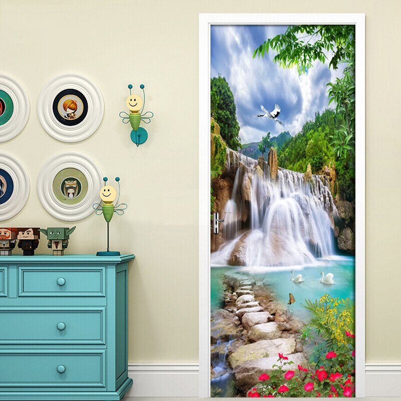 3D Beautiful Mountain Waterfall Door Sticker Livin... – Grandado