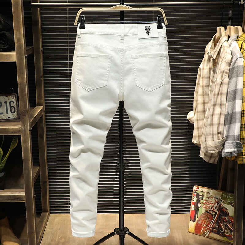 Sokotoo Men's crystal patchwork white jeans Street... – Grandado