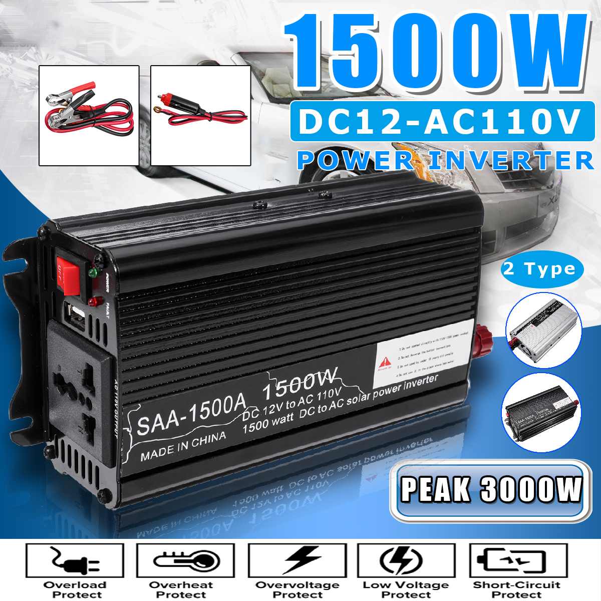 3000W Pieken Auto Omvormer 12V 110V 1500W 2 USB Ge... – Vicedeal