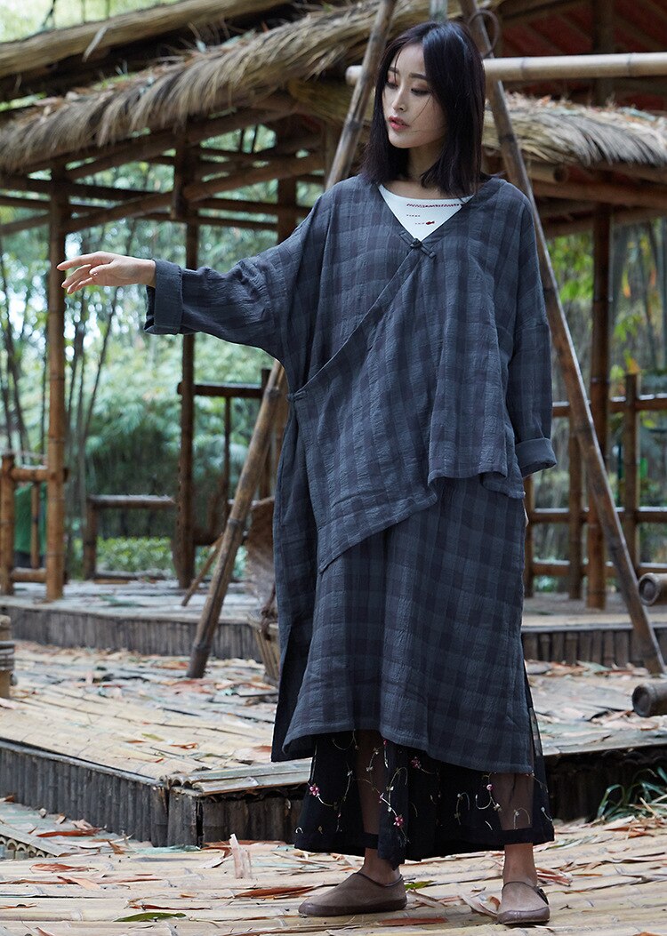 Traditional Chinese Style Gown Retro Women Plaid P... – Grandado