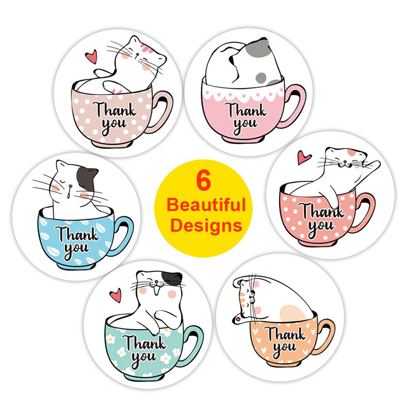 6 Ontwerpen Leuke Kat Dank U Stickers Ronde Cartoo... – Grandado