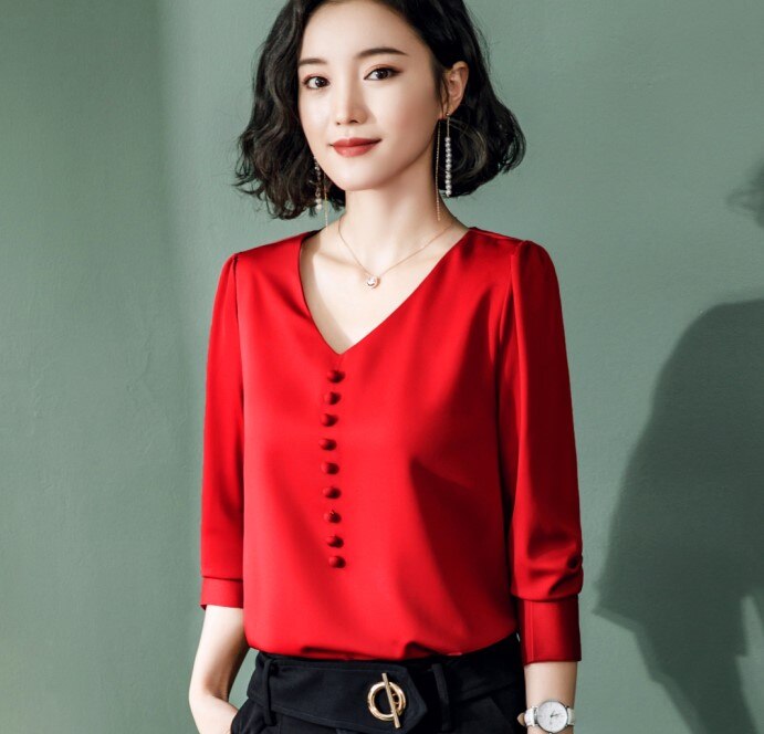 V Neck Shirt Women Spring Loose Long Sleeve Chiffo... – Grandado